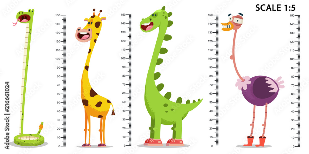 Kids meter wall with a cute cartoon giraffe, dinosaur, ostrich, snake ...