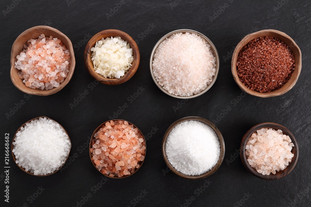 Various types of table salt. Stock Photo | Adobe Stock