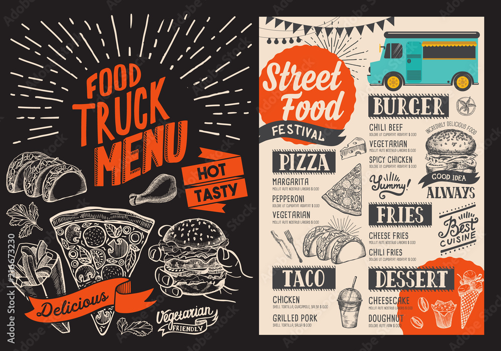 Food truck menu for street fest. Design template with hand-drawn ...