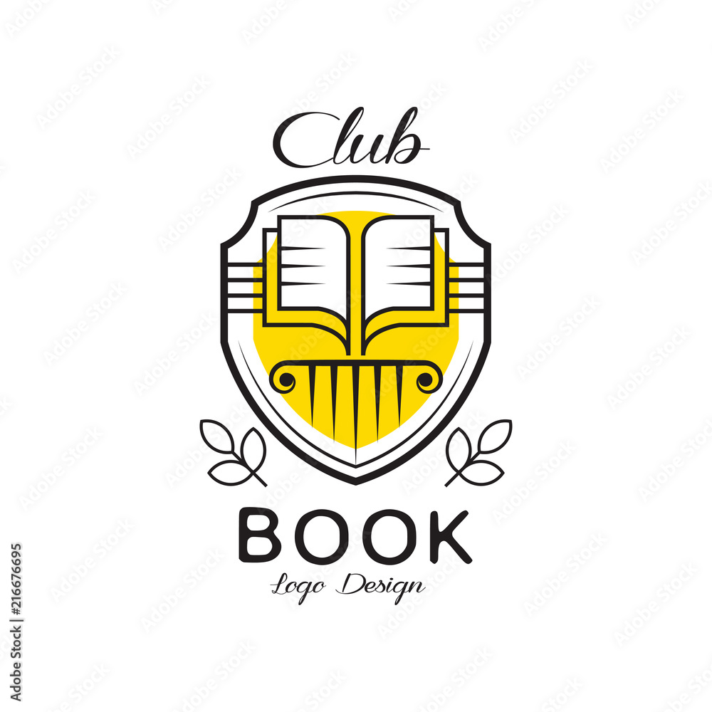 Book club logo design, heraldic shield with open book, badge for for ...