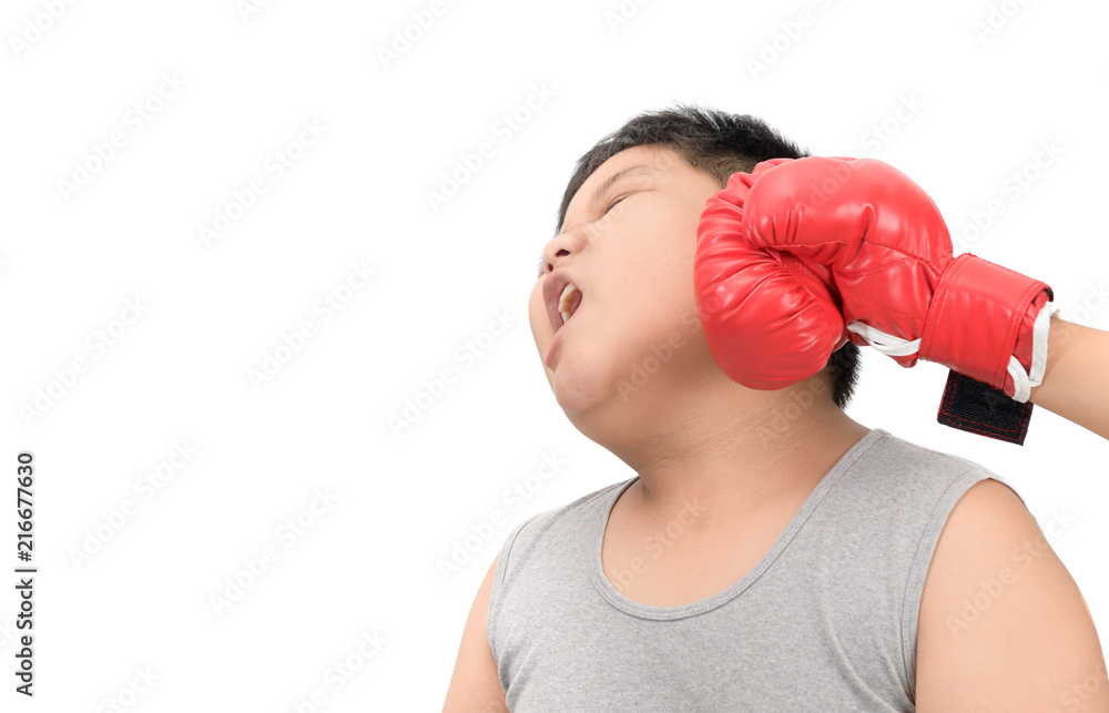 Fat boy getting punch in his face with red boxing gloves Stock Photo ...