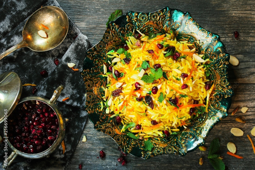 Persian Jeweled Rice / Iranian Pilaf or Pulao overhead view Stock Photo ...