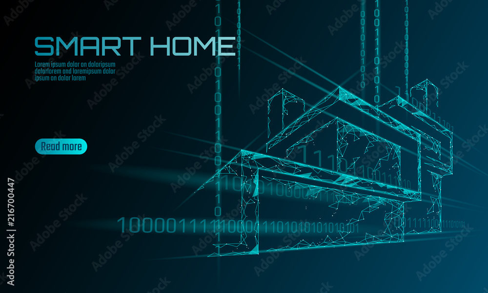 Smart house binary code low poly concept. Online control information ...