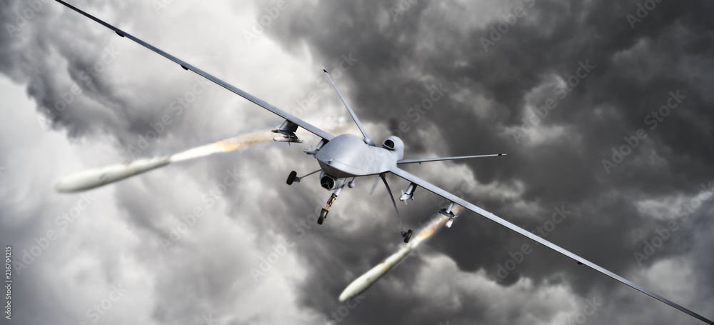 Drone strike .Front view of an unmanned aerial vehicle (UAV) military ...