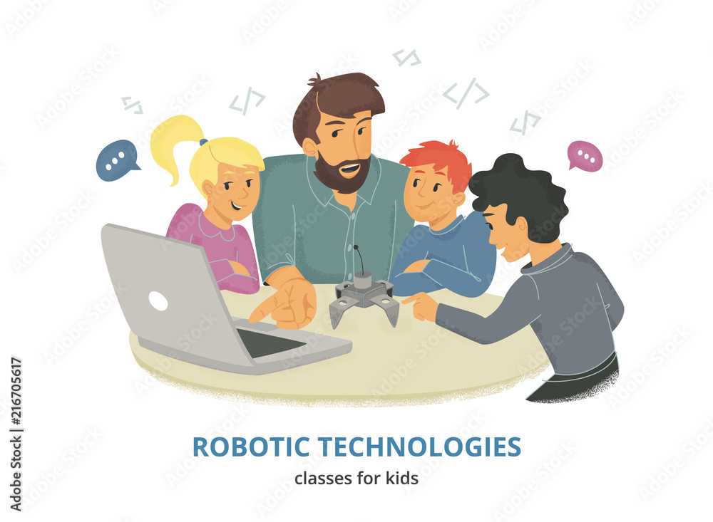 Robotic technologies classes for kids. Flat vector illustration of male ...