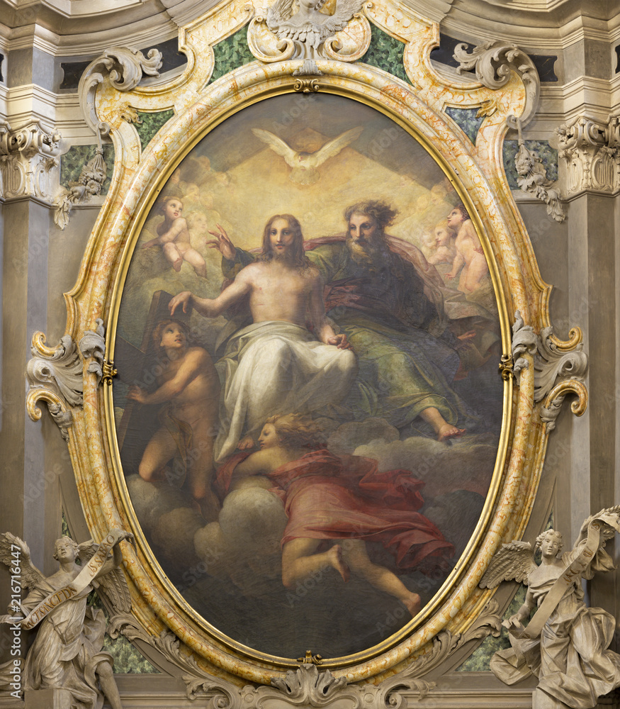 PARMA, ITALY - APRIL 17, 2018: The painting of Holy Trinity on tha main ...