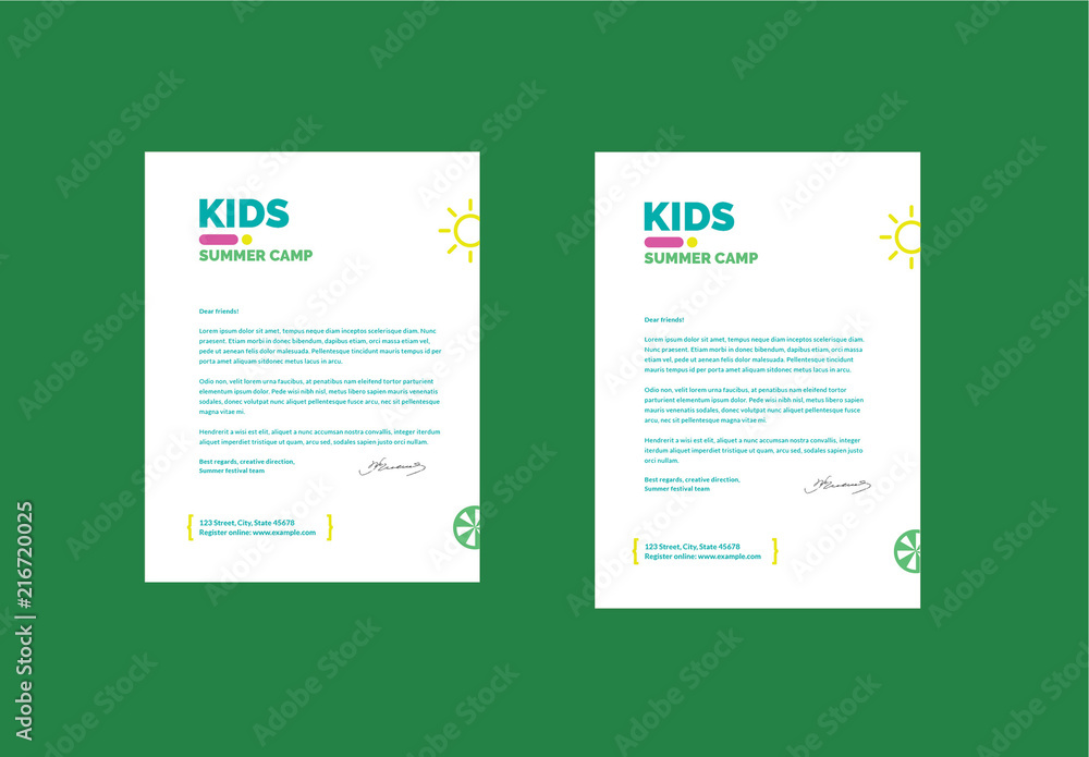 Kids Summer Camp Letterhead Layout Set Stock Template | Adobe Stock