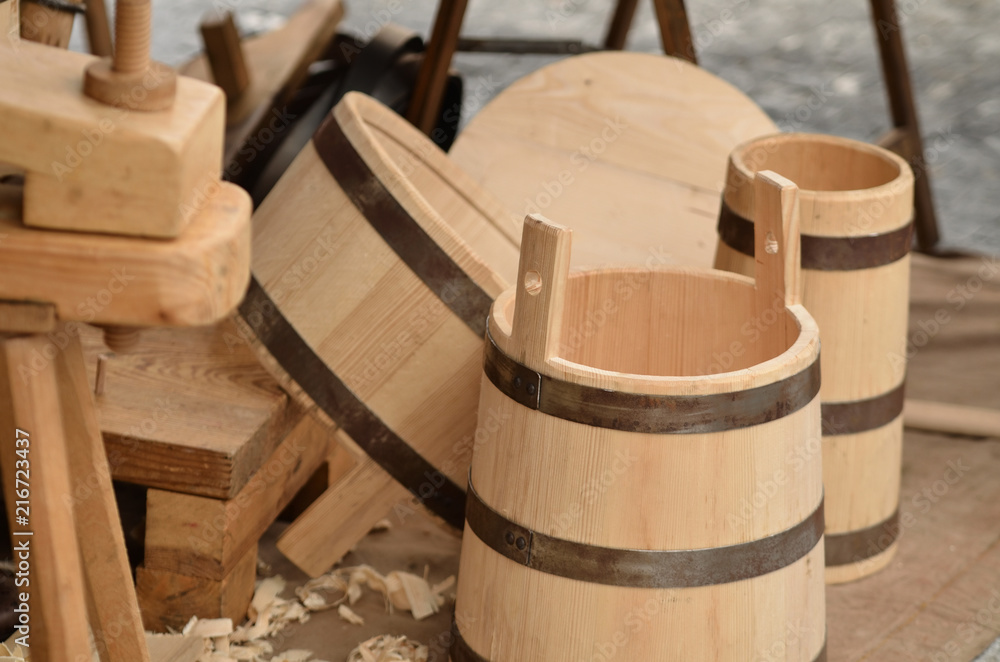 Old medieval wooden round vats with iron hoop Stock-Foto | Adobe Stock