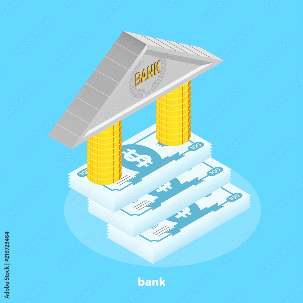 isometric image, banknotes as steps and gold coins as columns of a bank ...