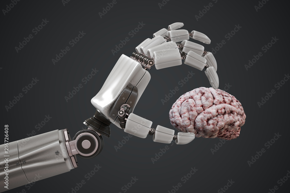 Artificial intelligence concept. Robotic hand is holding human brain ...