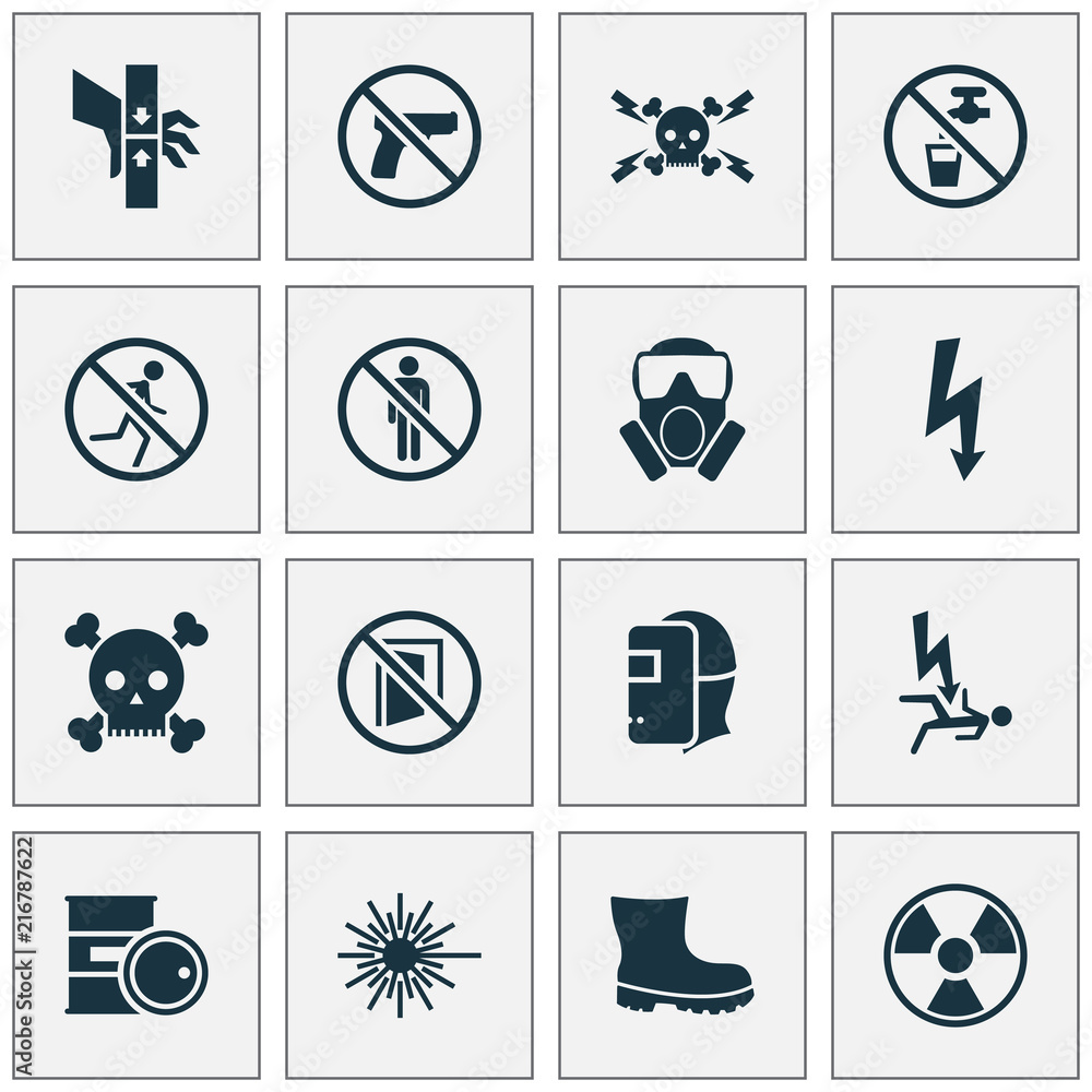 Safety icons set with keep door closed, barrel, stop and other ...