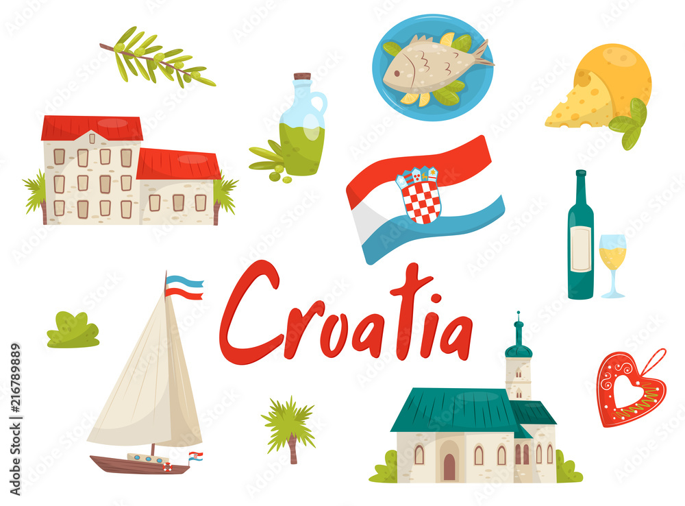 Flat vector set of national cultural symbols of Croatia. Old ...