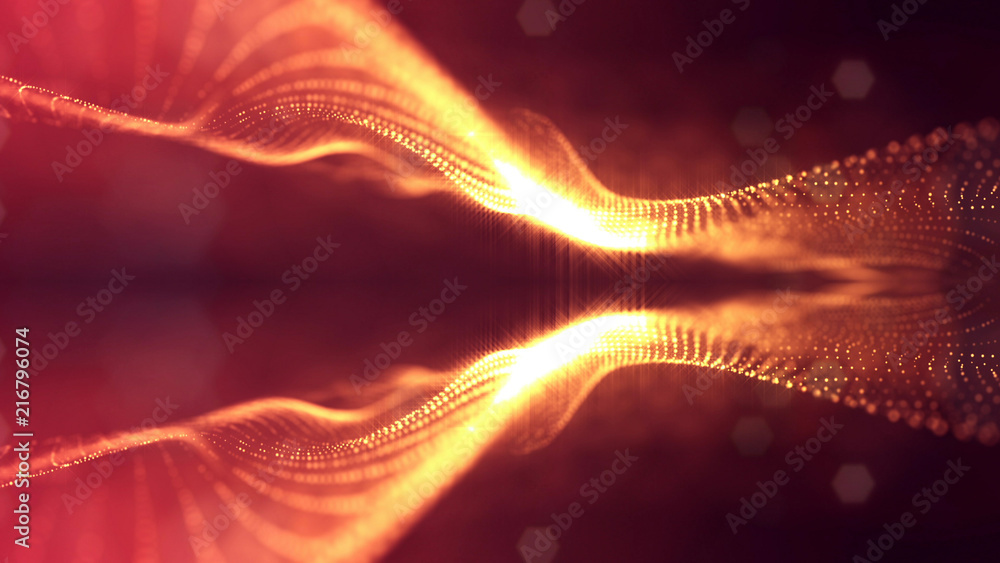 Golden red particles form line and surface grid. microcosm or space. 3d ...