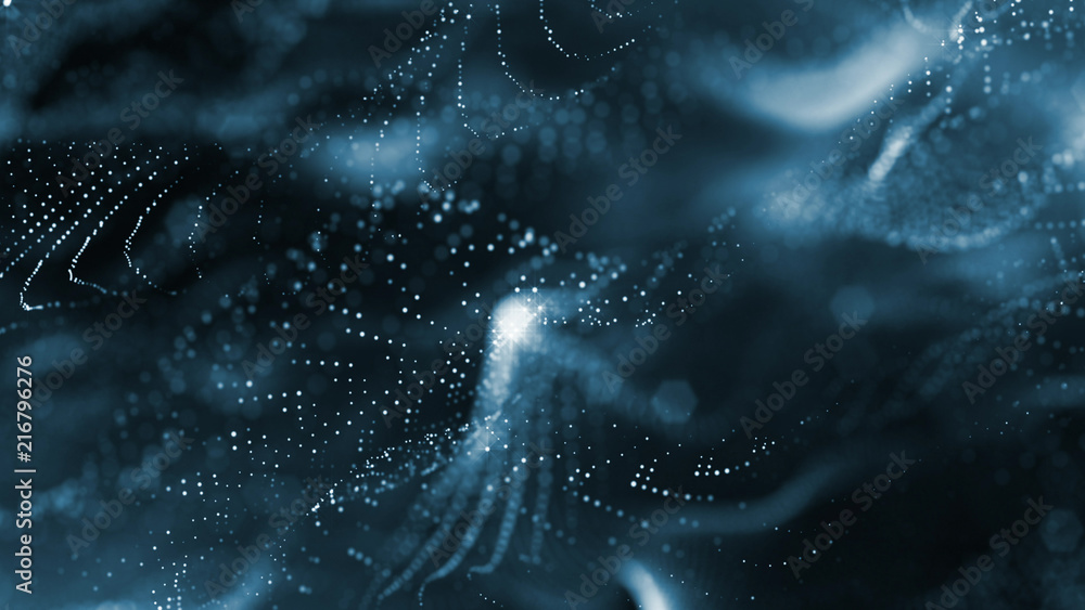 blue particles form line and surface grid. microcosm or space. 3d ...