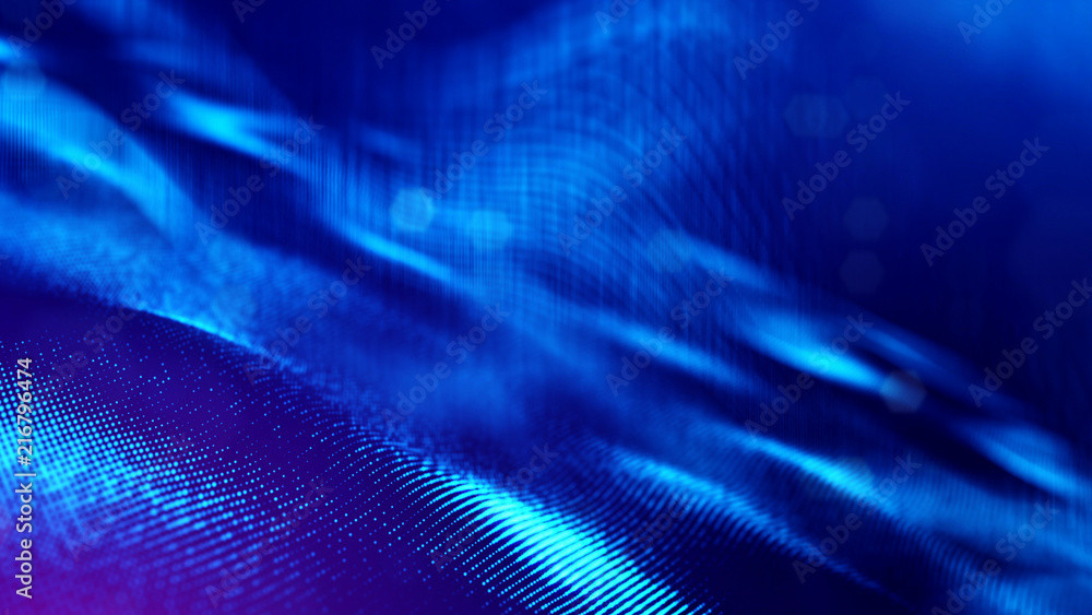 blue particles form line and surface grid. microcosm or space. 3d ...