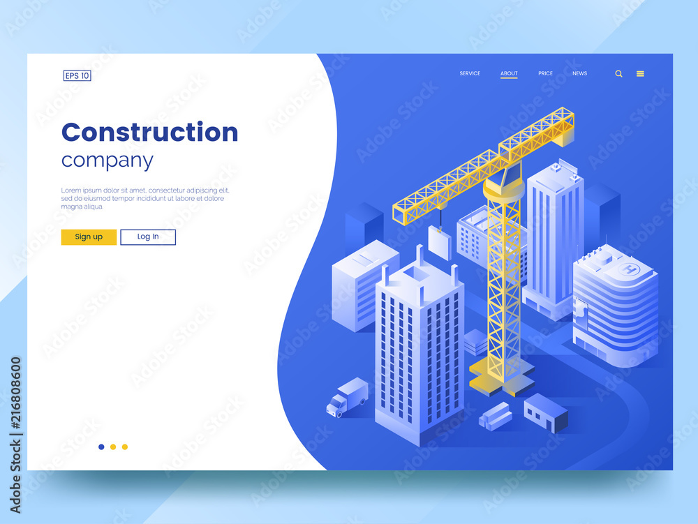 Construction company landing page template. Isometric Illustration of ...
