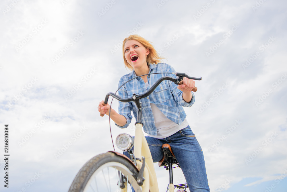 Girl enjoy short cycle tour with stop offs along way and travel. Lady ...