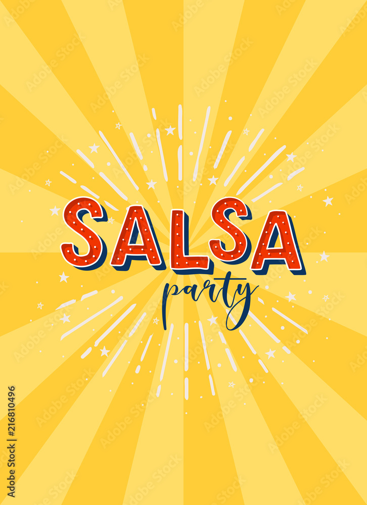 Salsa party vector logotype. Yellow rays background. Poster for dance ...