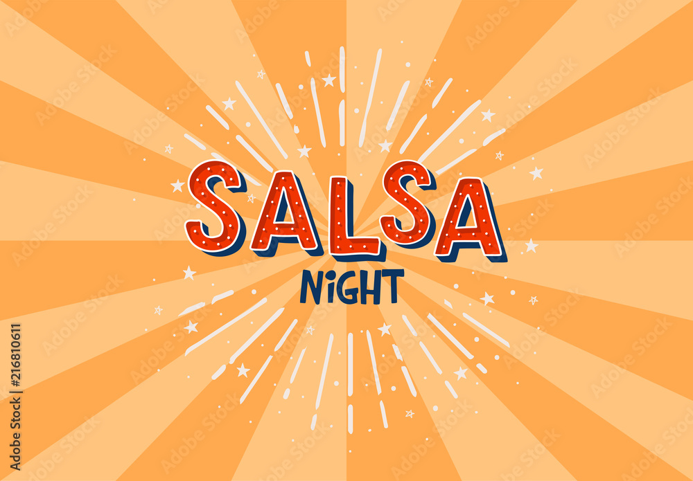 Salsa night vector logotype. Orange rays background. Poster for dance ...