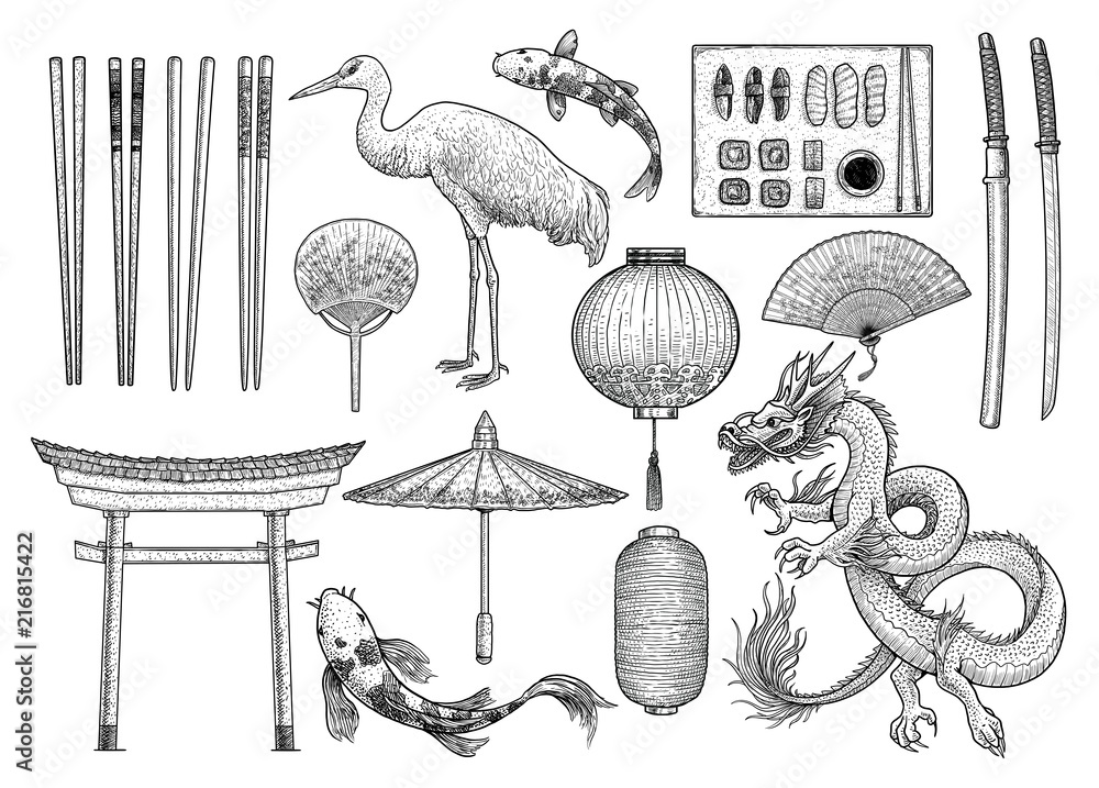 Asian, Japanese, Chinese collection, illustration, drawing, engraving ...