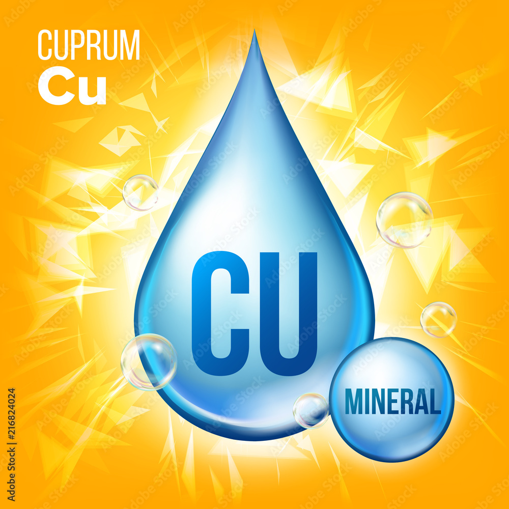Cu Cuprum Vector. Mineral Blue Drop Icon. Vitamin Liquid Droplet Icon ...