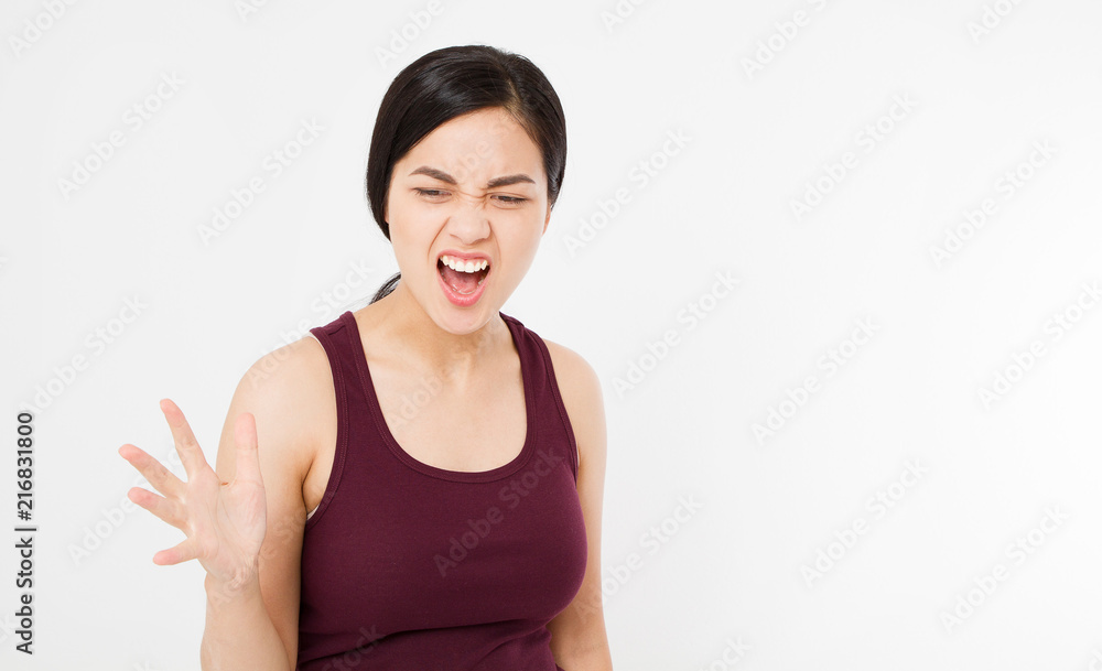 Screaming asian japanese woman with open eyes and open mouth isolated ...