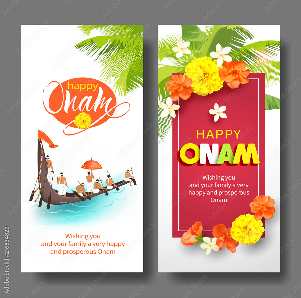 Happy Onam vertical banners for South India harvest festival. Vector ...