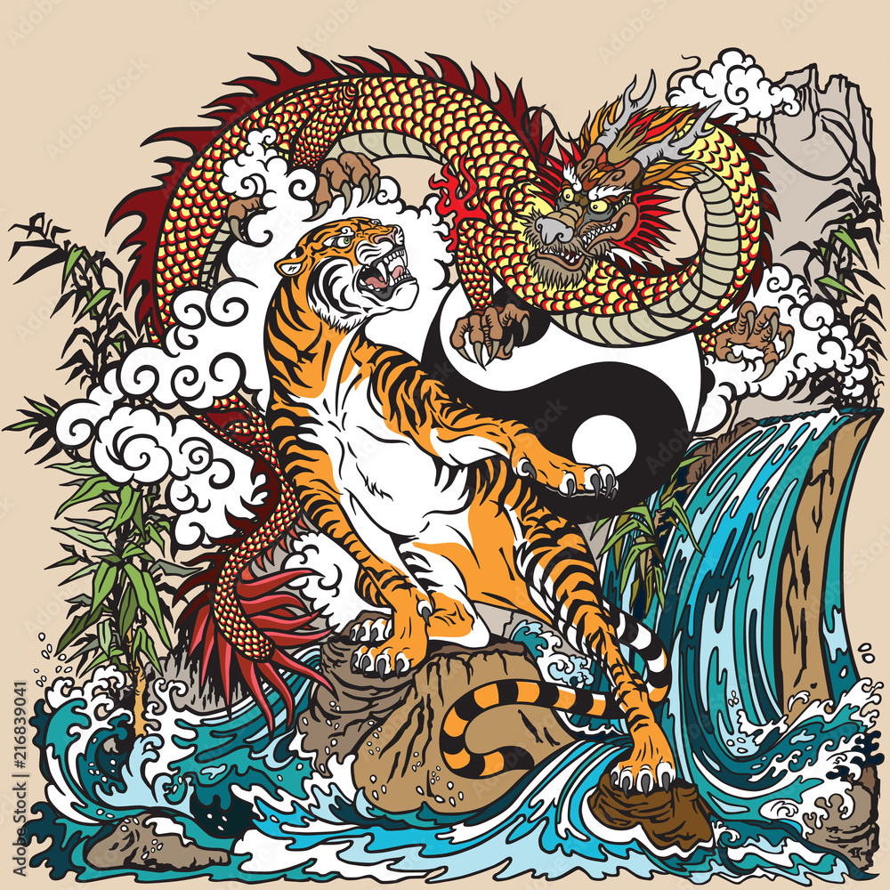 Chinese dragon versus tiger in the landscape with waterfall , rocks ...