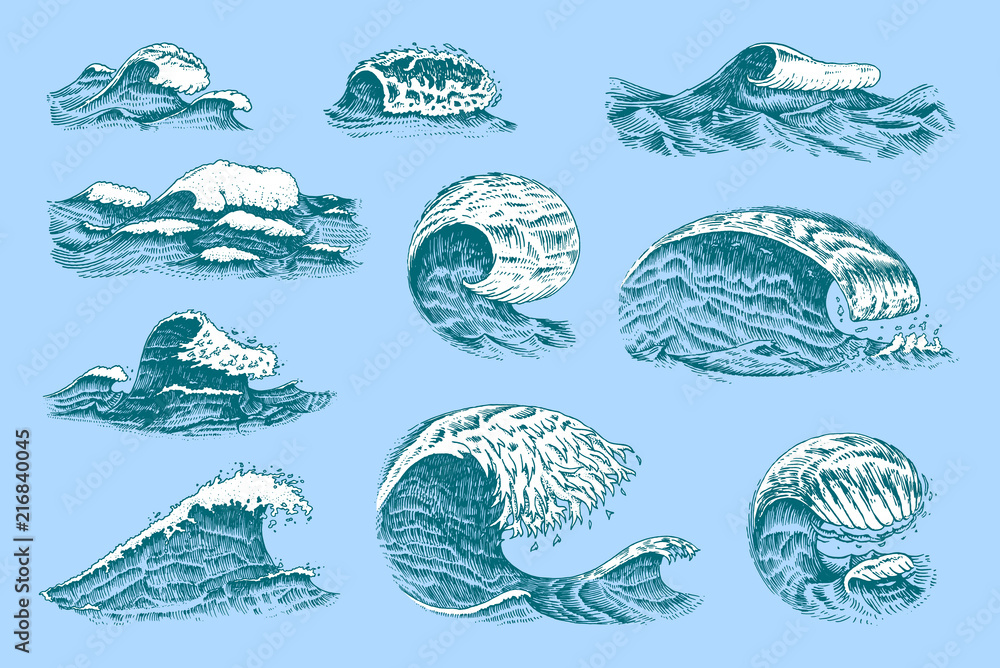 Atlantic tidal waves. Vintage old engraved hand drawn labels. Marine ...