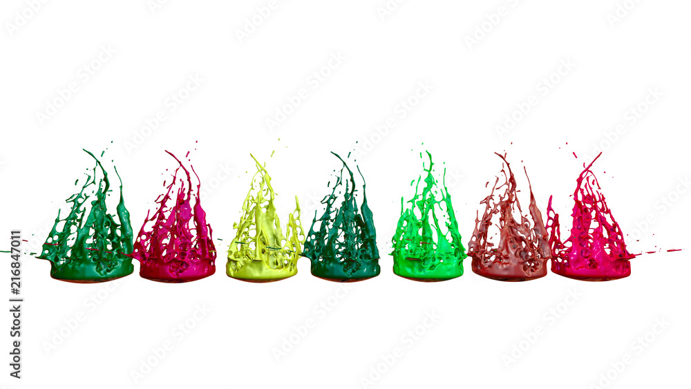 3d render of paint splashes isolated on white background. Simulation of ...