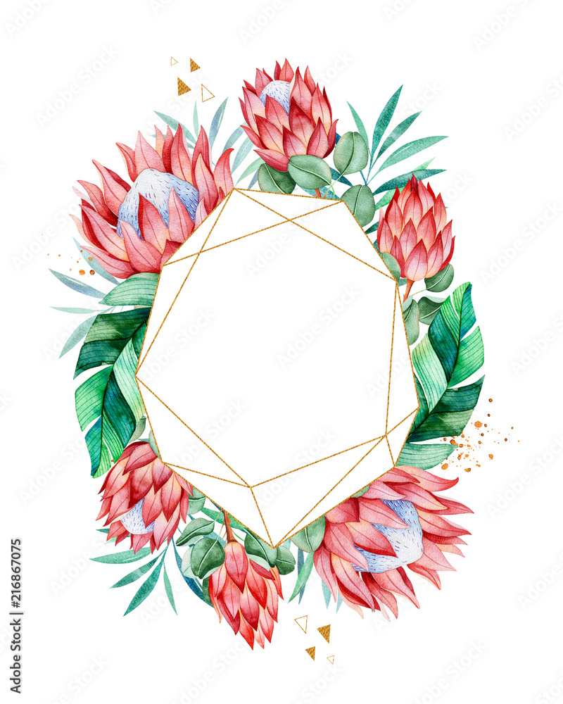Lovely Pre-made frame border with king protea and tropical leaves ...