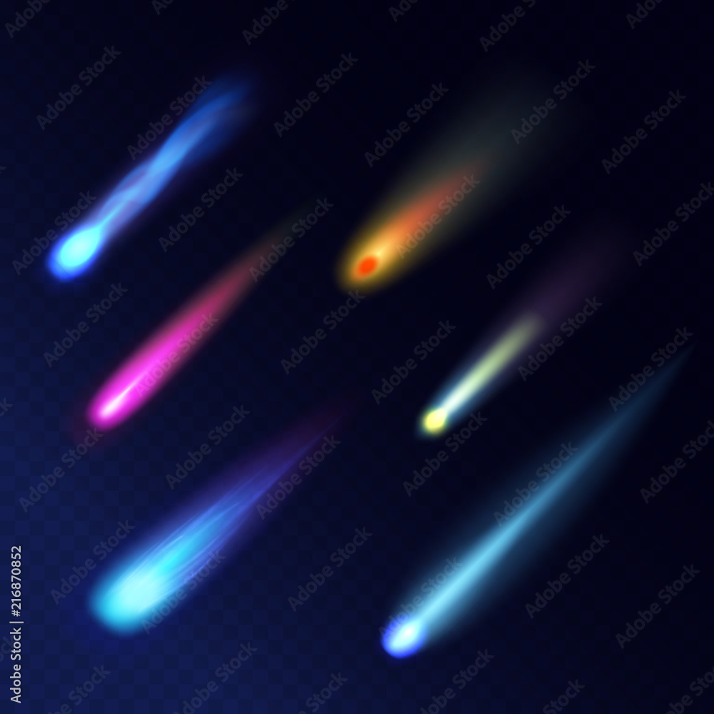 Realistic Detailed 3d Meteorites Comets Different Colors Light Effect ...