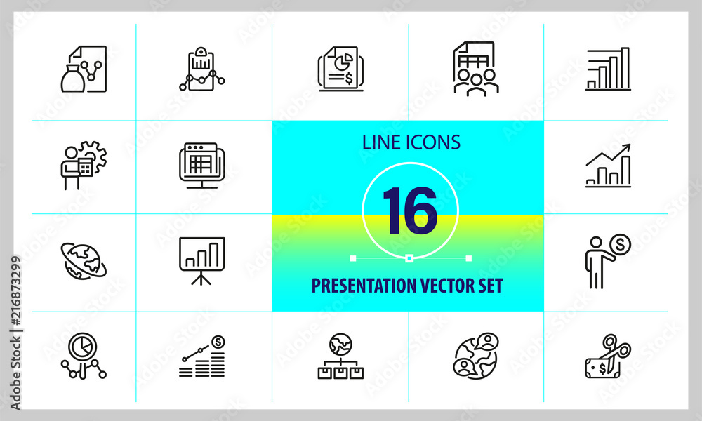 Presentation icons. Set of line icons. Report, research, diagram ...