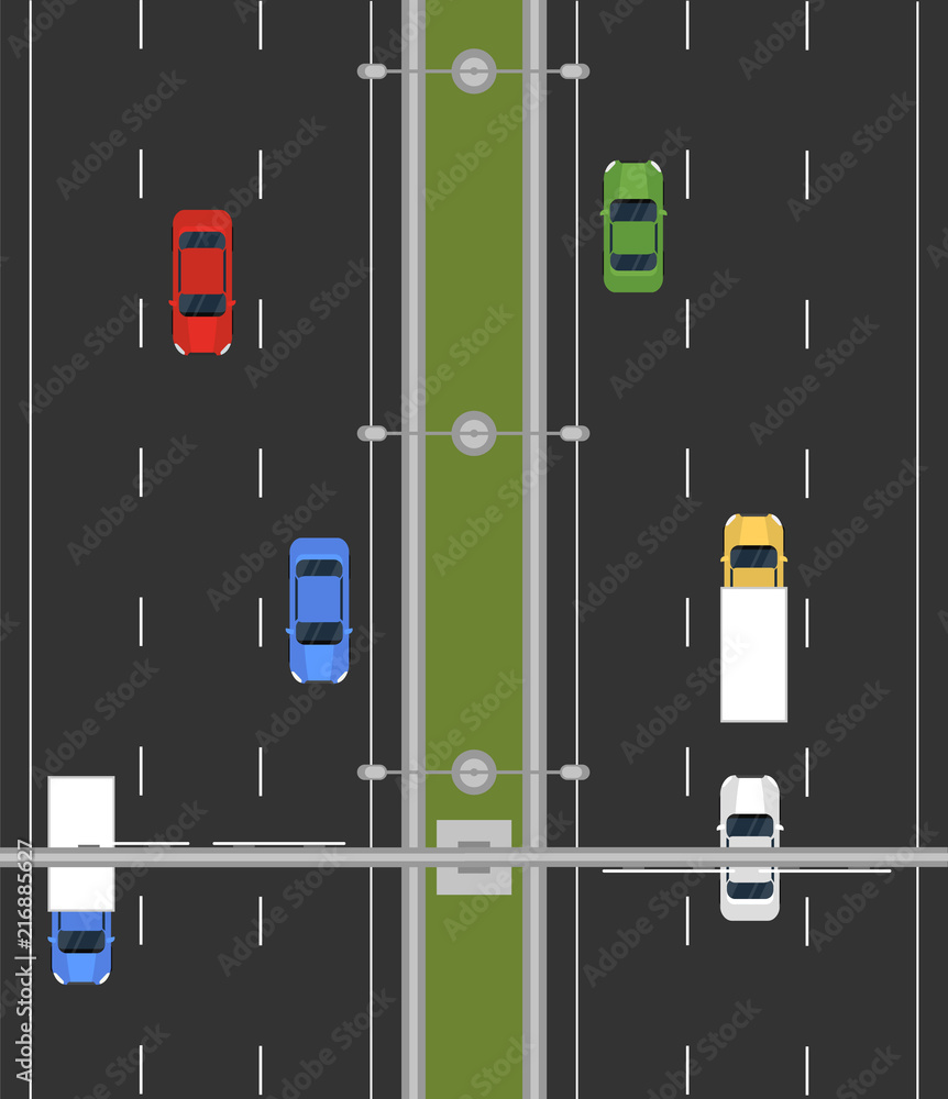 Flat vector simple highway from top view with colorful cars and trucks ...