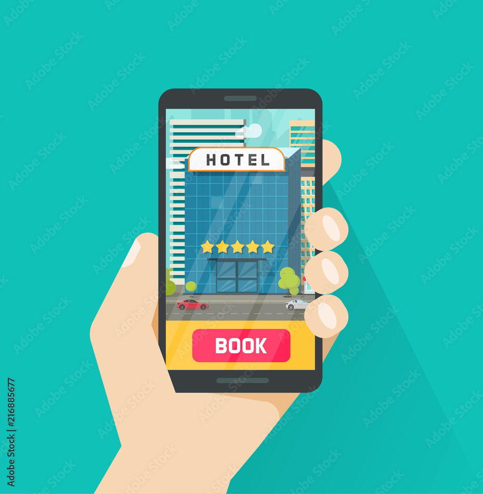 Booking hotel via mobile phone vector illustration, flat cartoon ...