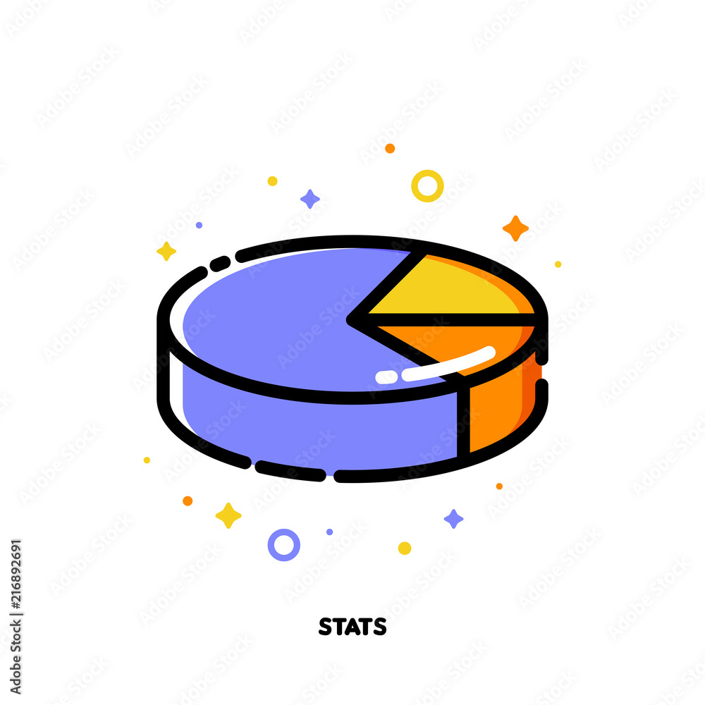 Icon of pie chart with 3 segments for global finance concept. Flat filled outline style. Pixel ...