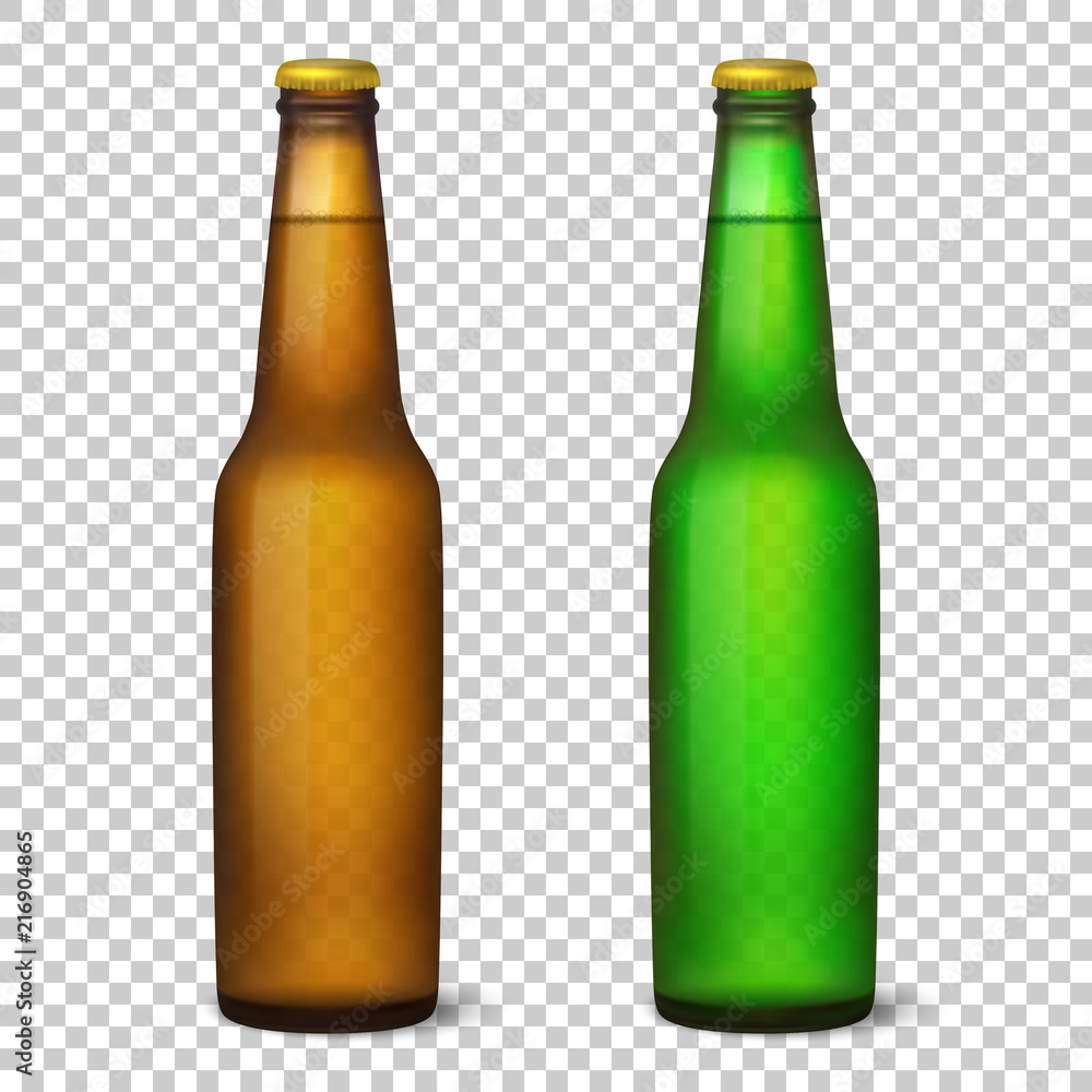 Vector realistic 3d empty glossy brown and green beer bottle with cap ...