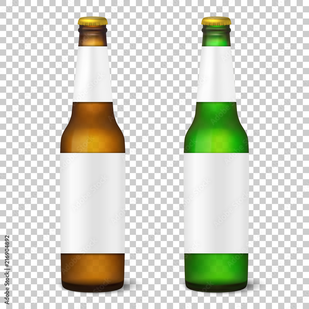 Vector realistic 3d empty glossy brown and green beer bottle with cap ...