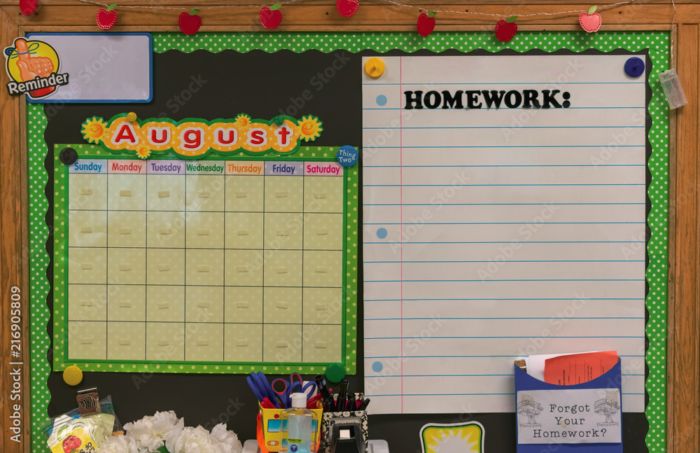 Grade school bulletin board with calendar and homework chart Stock ...
