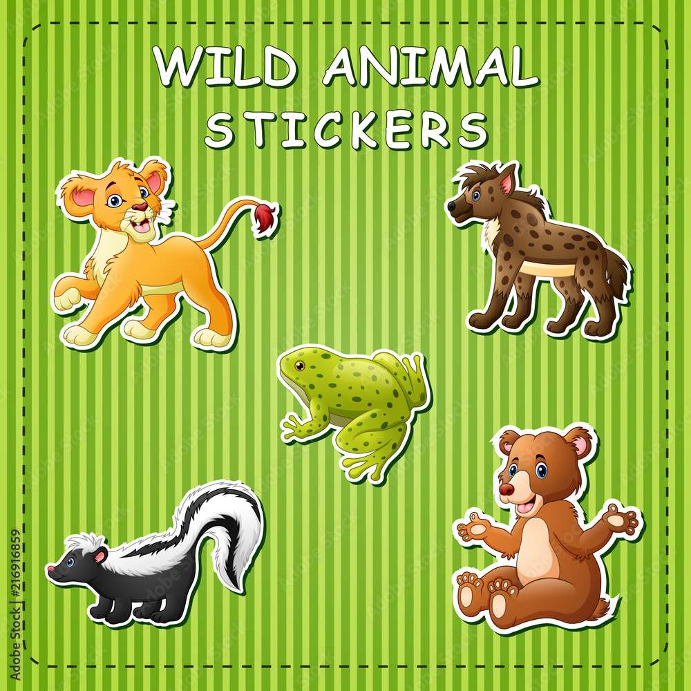 Cute wild animals cartoon on sticker Stock Vector | Adobe Stock