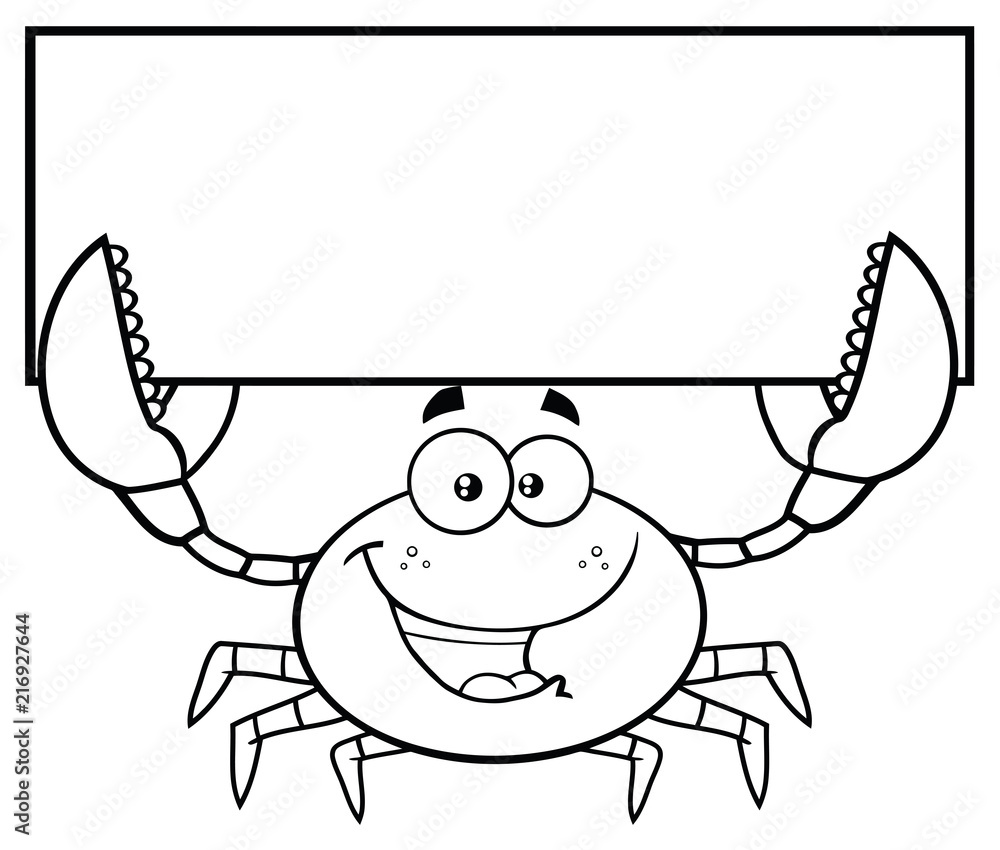 Black And White Happy Crab Cartoon Mascot Character Holding Blank Sign ...