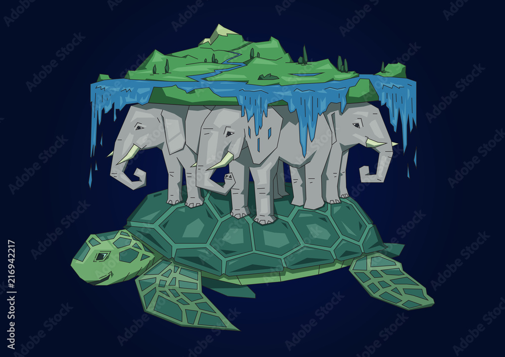 Diskworld resting on elephants and big turtle. Ancient world model ...