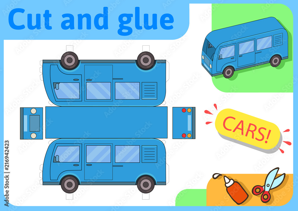 Blue minibus paper model. Small home craft project, DIY paper game. Cut ...