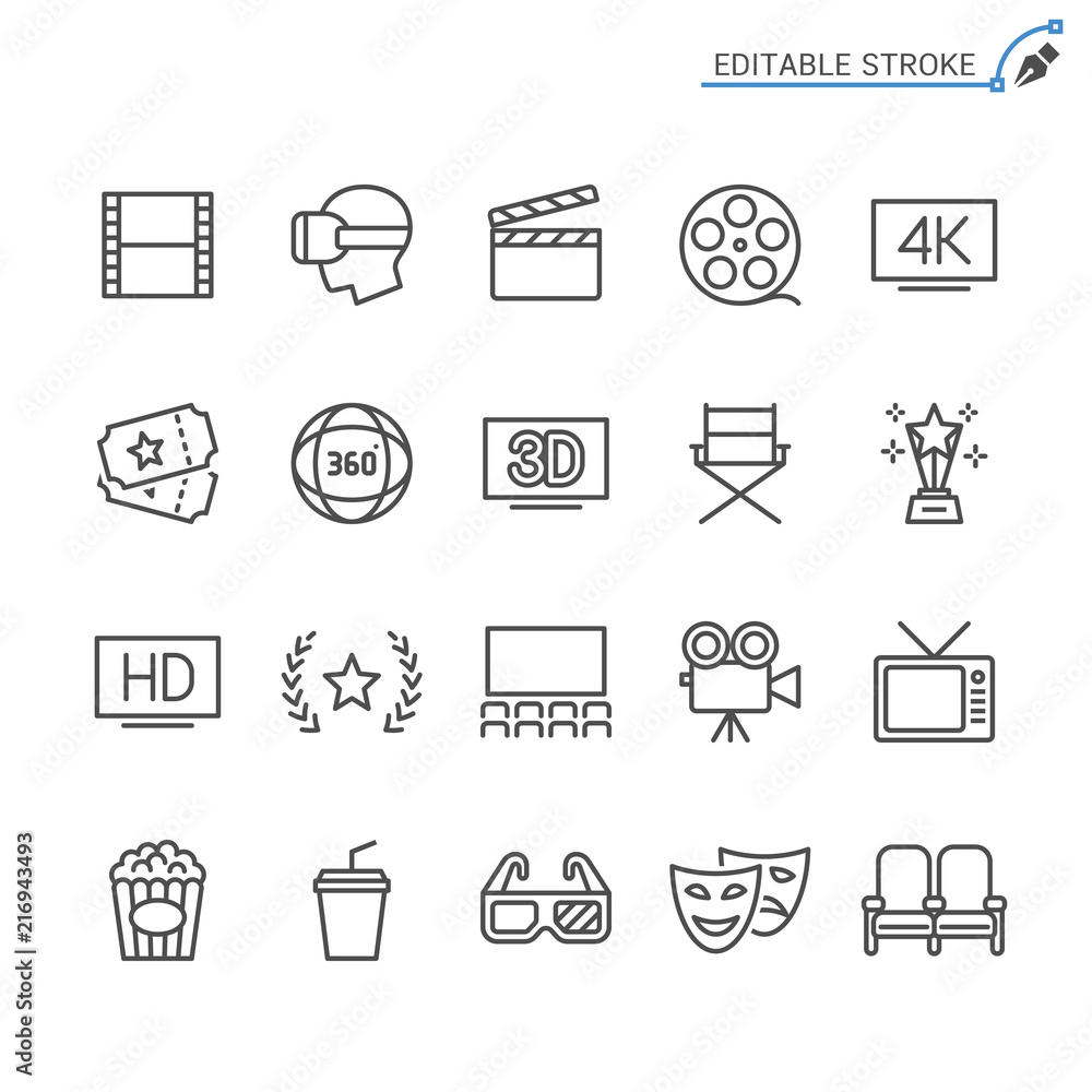 Cinema line icons. Editable stroke. Pixel perfect. Stock Vector | Adobe ...