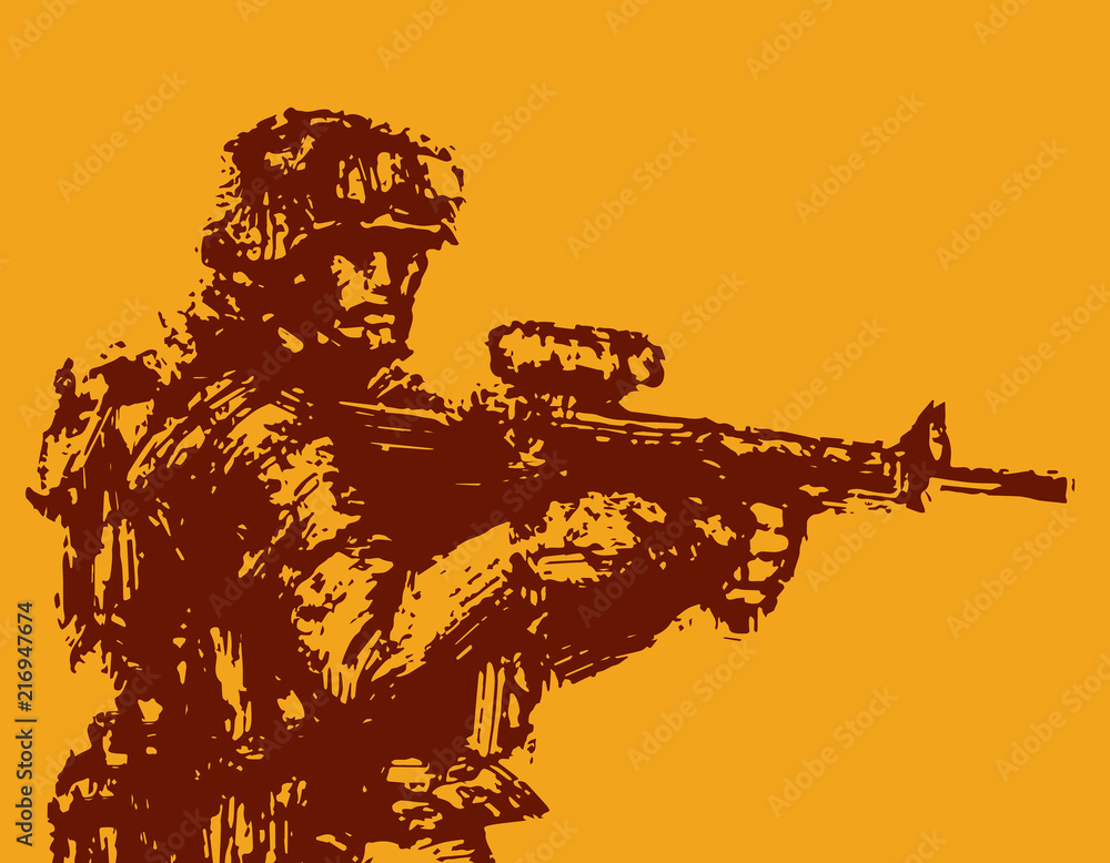 Brave soldier with rifle in action. Vector illustration. Stock Vector ...
