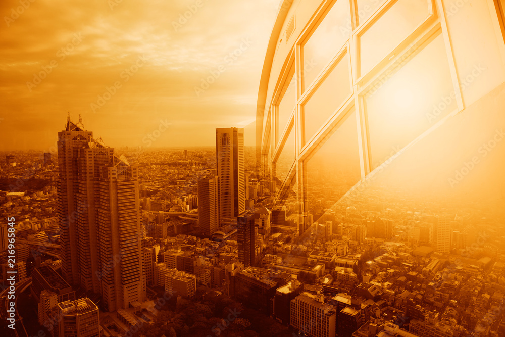 Office building windows and city view in heatwave summer season high ...