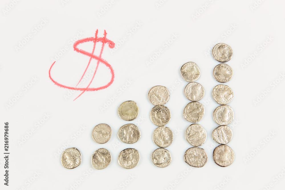Roman denarius and dollar sign lie on a white background, the era of ...