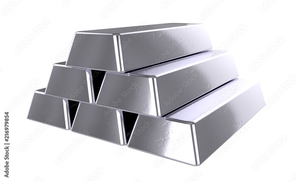 3D realistic render of pile silver bars. Isolated on white background ...