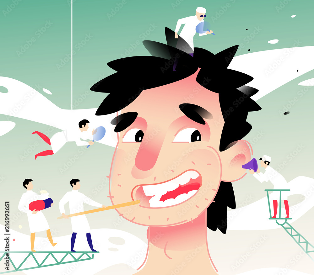 Illustration of a cheerful man at a doctor's reception. A young man ...