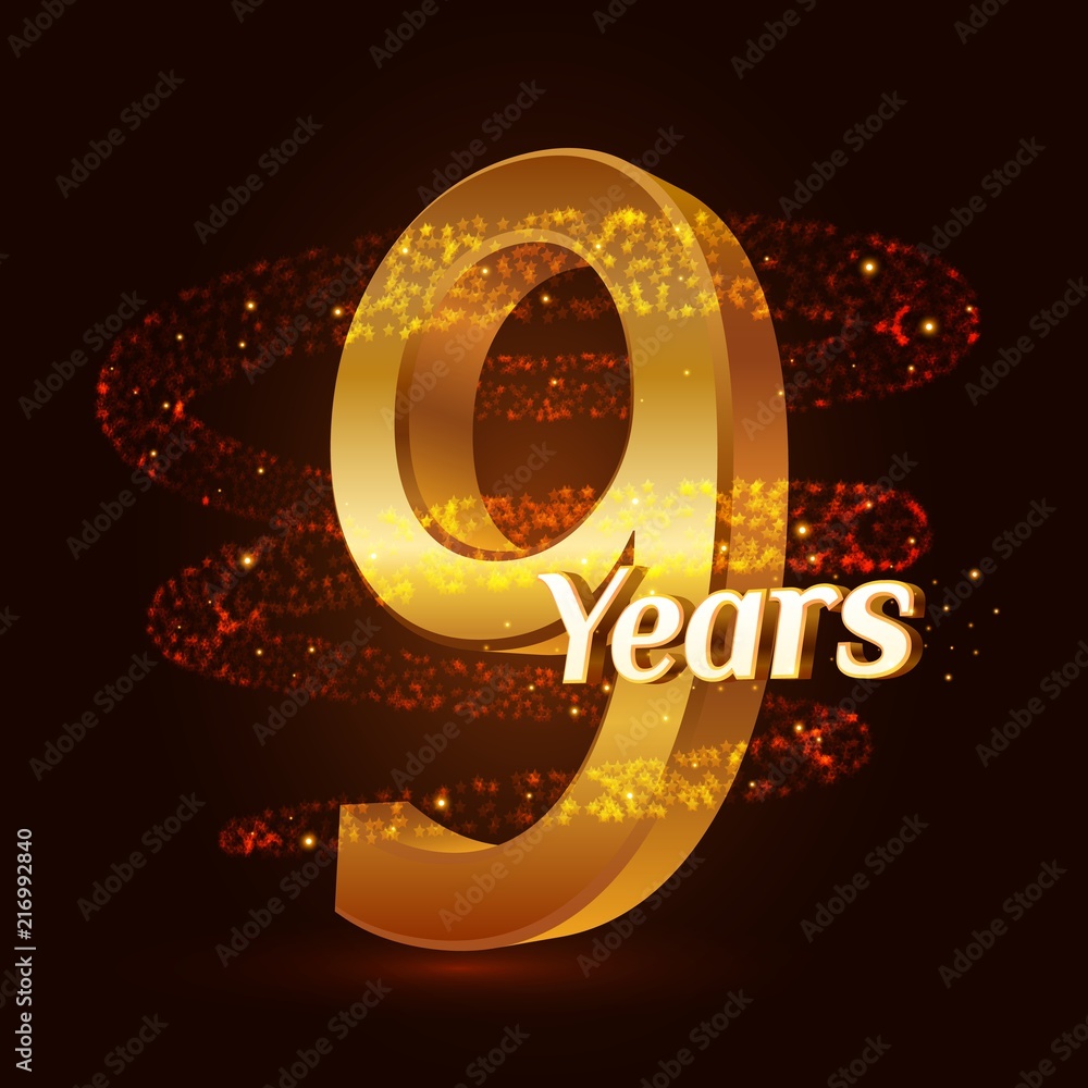 9 years golden anniversary 3d logo celebration with Gold glittering ...